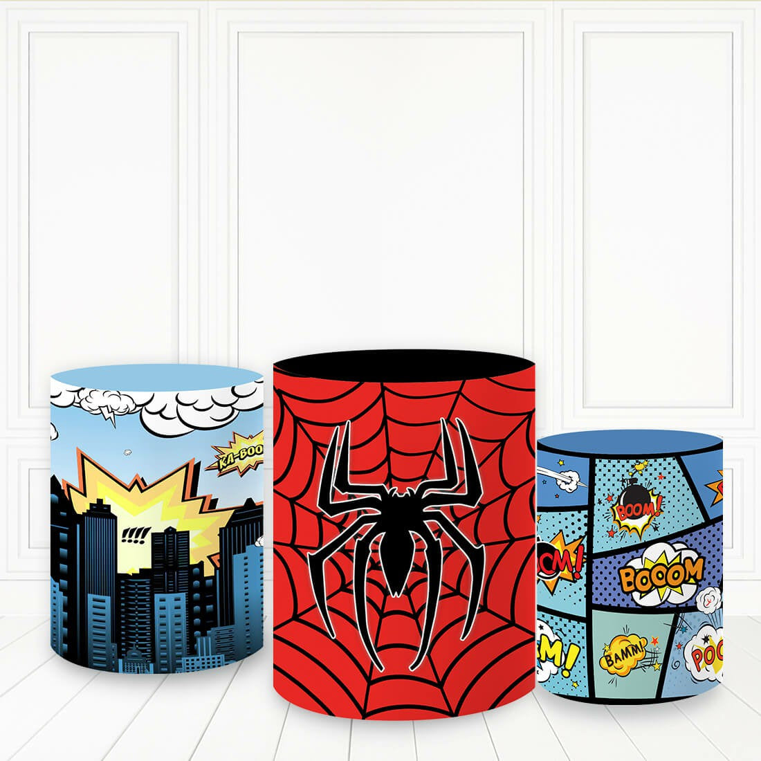 Cartoon Boom City Red Plinth Cover Happy Birthday Pillar Wrap