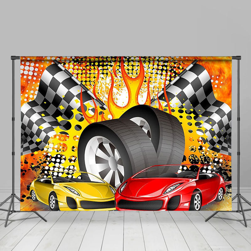 Cartoon Racing Car Black White Flag Birthday Backdrop