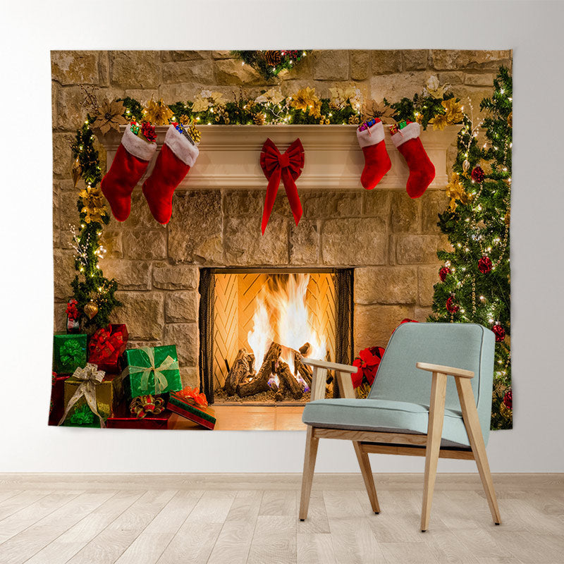 Lofaris Christmas stocking And Tree Brick Christmas Backdrop
