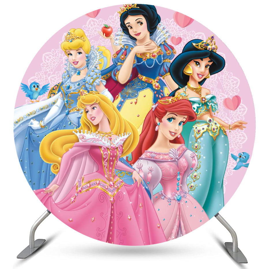 Glitter Round Birthday Disney Princesses Backdrop - Lofaris