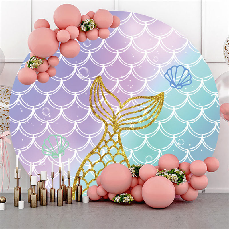Circle Purple Blue Gold Glitter Mermaid Birhday Backdrop - Lofaris