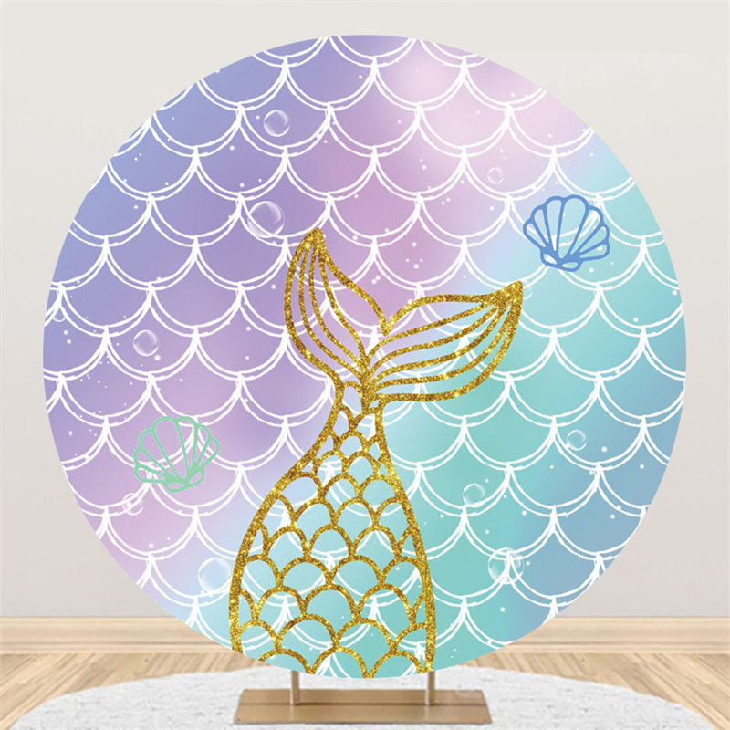 Circle Purple Blue Gold Glitter Mermaid Birhday Backdrop - Lofaris