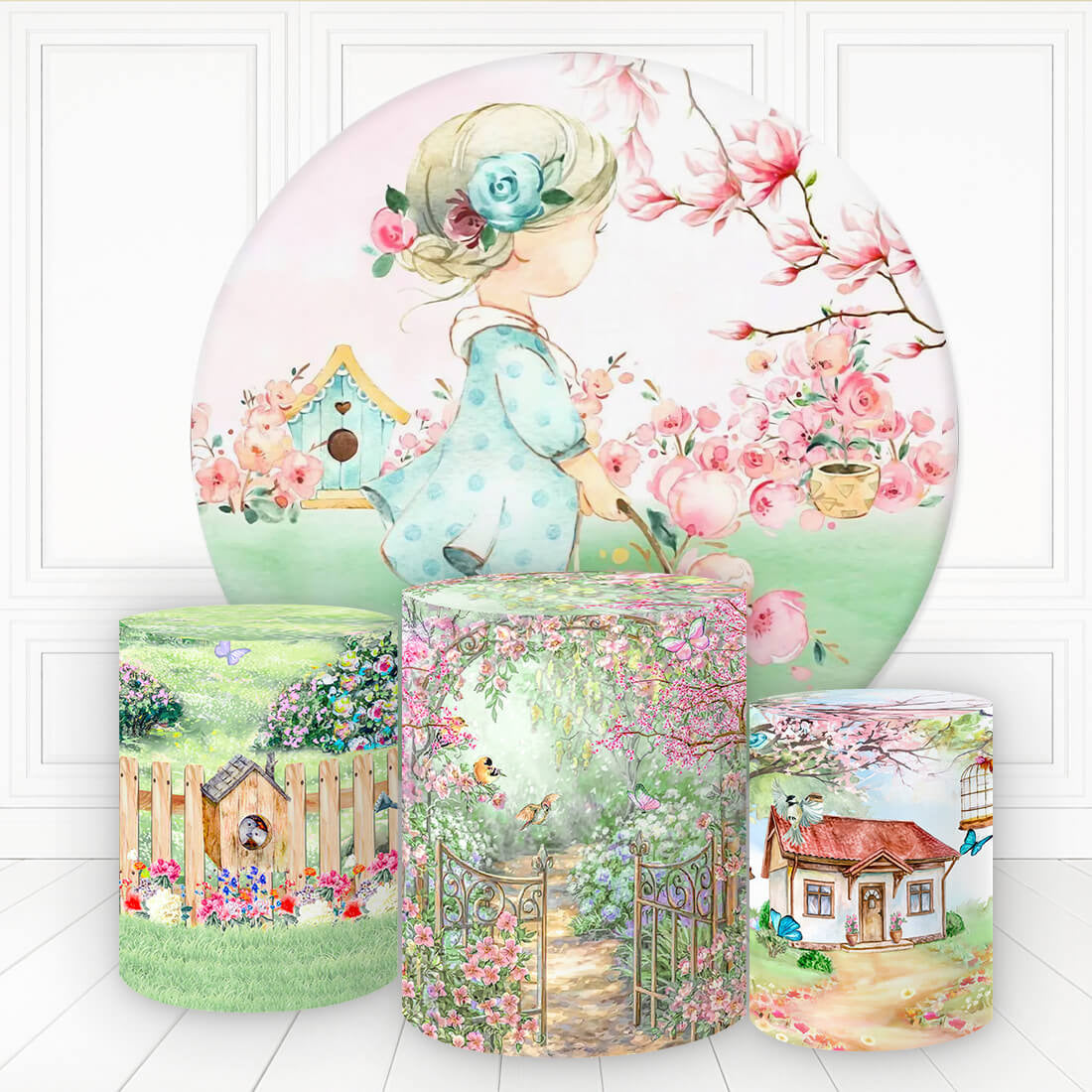 Girl In Floral Garden Round Birthday Backdrop Kit For Girl – Lofaris