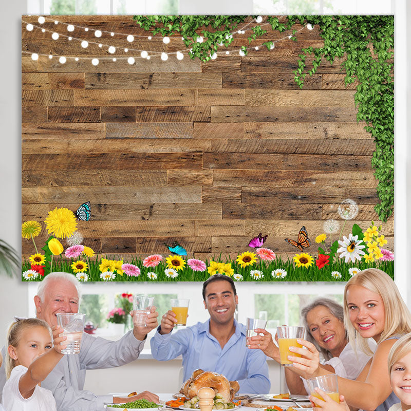 Light Floral Wooden Happy Spring Backdrop For Party - Lofaris
