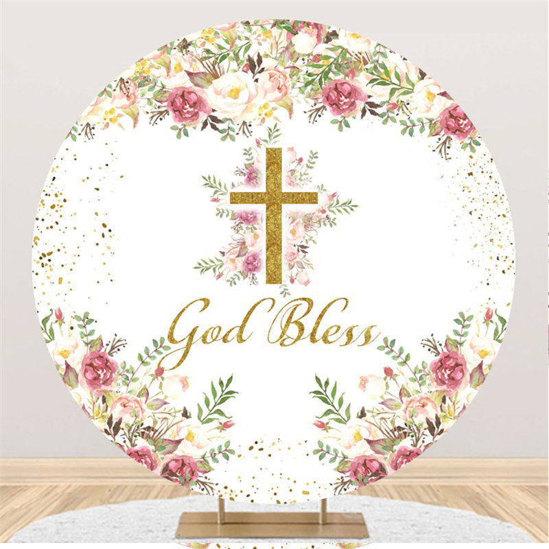 God Bless Gold Cross Happy Birthday Round Backdrop - Lofaris