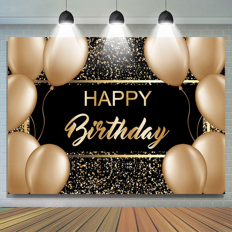 Gold Balloons And Black Glitter Happy Birthday Backdrop - Lofaris