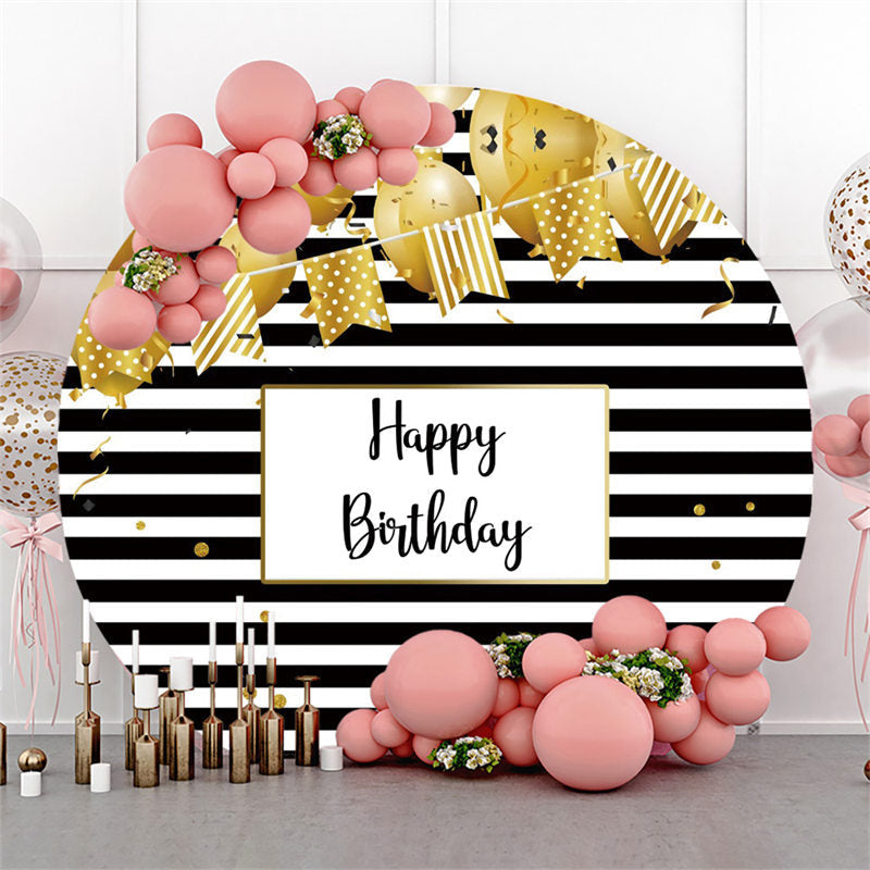 Gold Balloon Black White Stripes Round Birthday Backdrop - Lofaris