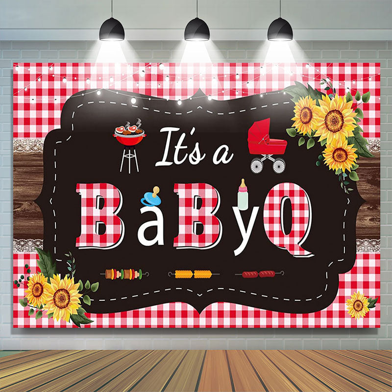 Its A Baby Q Barbeque Plaid Wooden Gender Reveal Backdrop - Lofaris