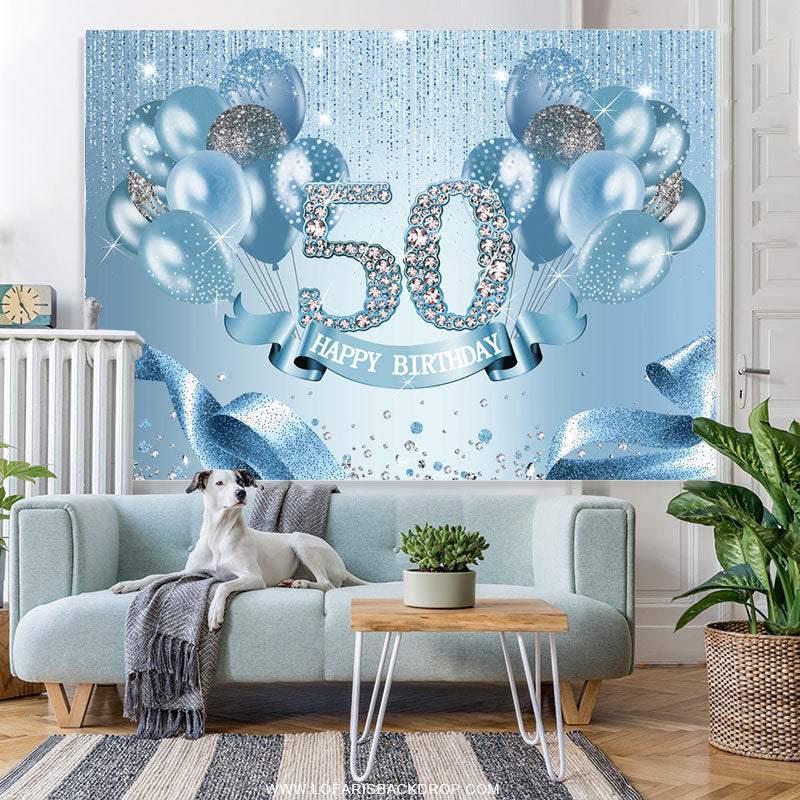Light Blue Balloon Ribbion Happy 50Th Birthday Backdrop – Lofaris