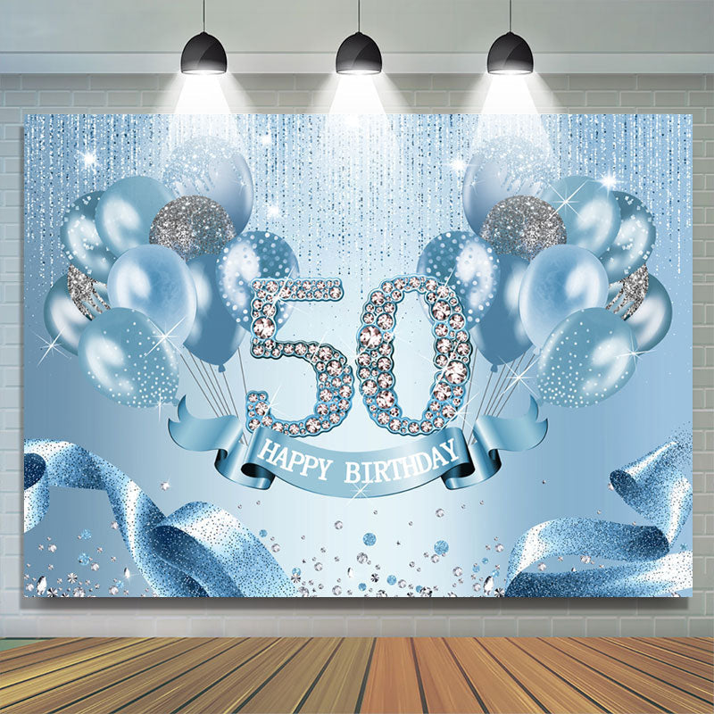 Light Blue Balloon Ribbion Happy 50Th Birthday Backdrop – Lofaris