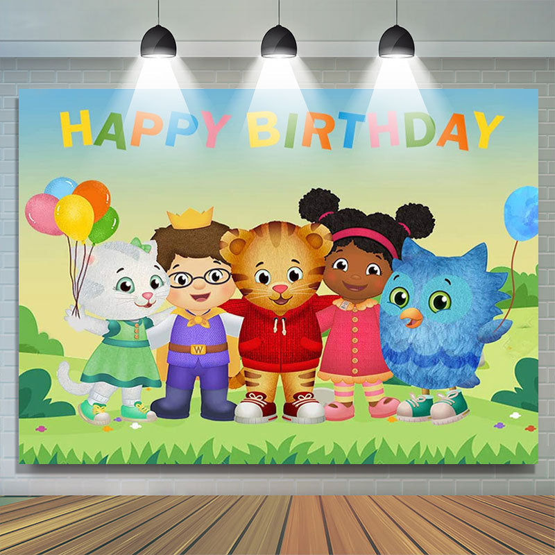 Little Cartoon Character And Balloons Birthday Backdrop – Lofaris