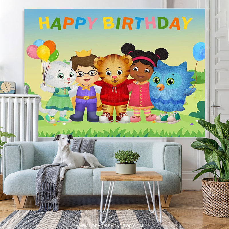 Little Cartoon Character And Balloons Birthday Backdrop – Lofaris