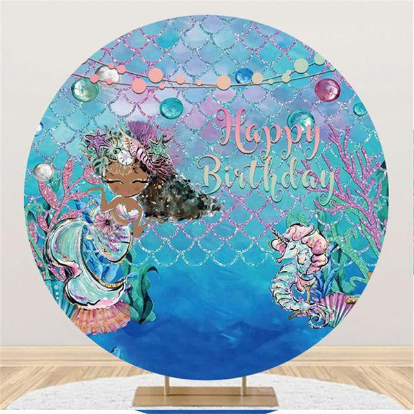 Mermaid Coral Round Happy Birthday Backdrop For Girl – Lofaris