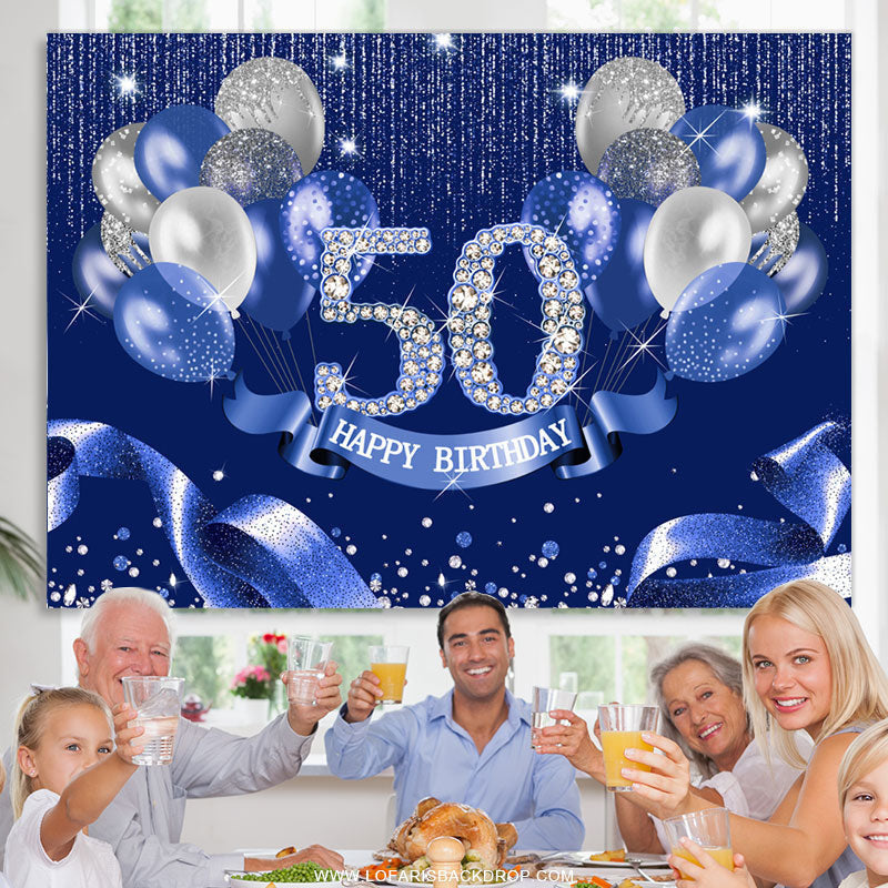 Navy Blue Balloon Ribbion Happy 50Th Birthday Backdrop – Lofaris