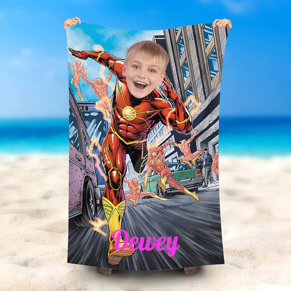 Personalized Flash Boy Running Street Beach Towel - Lofaris