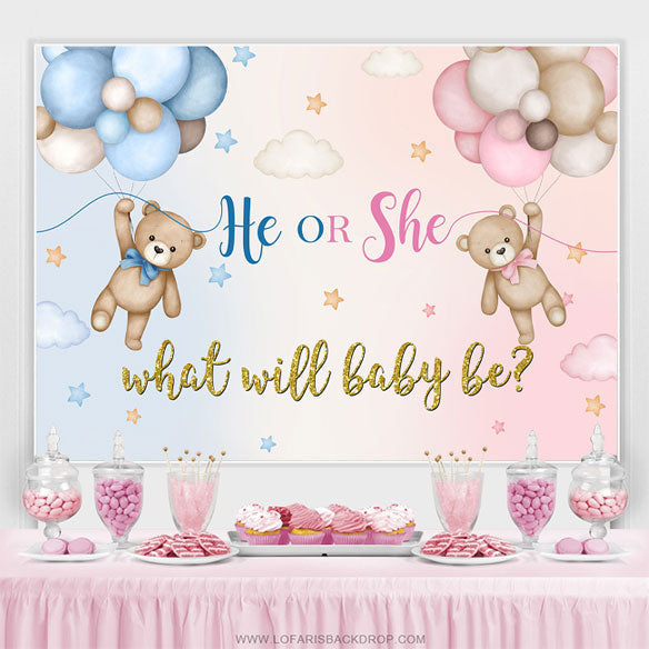 Pink And Blue Bears Balloon Gender Reveal Backdrop - Lofaris