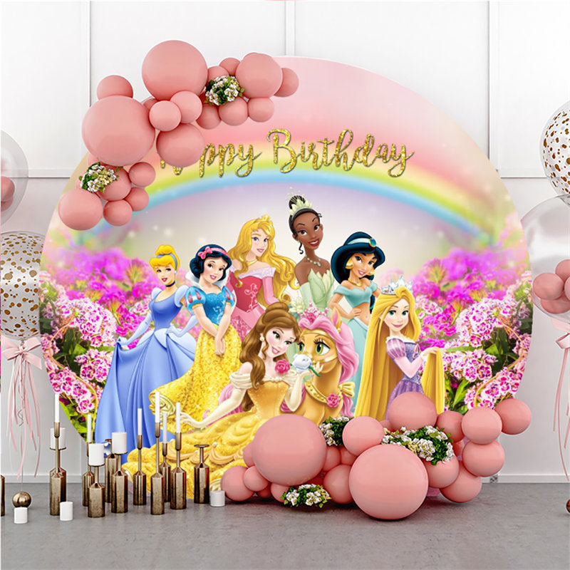 Floral Round Birthday Disney Princess Backdrop - Lofaris