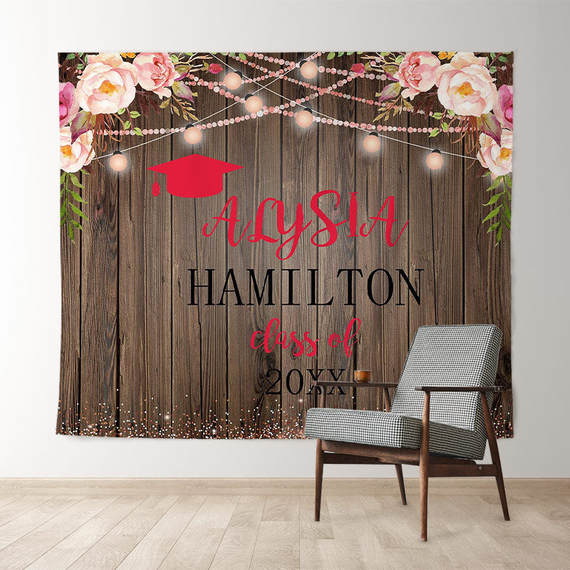 Lofaris Custom Pink Floral Glitter Brown Wood Grad Backdrop