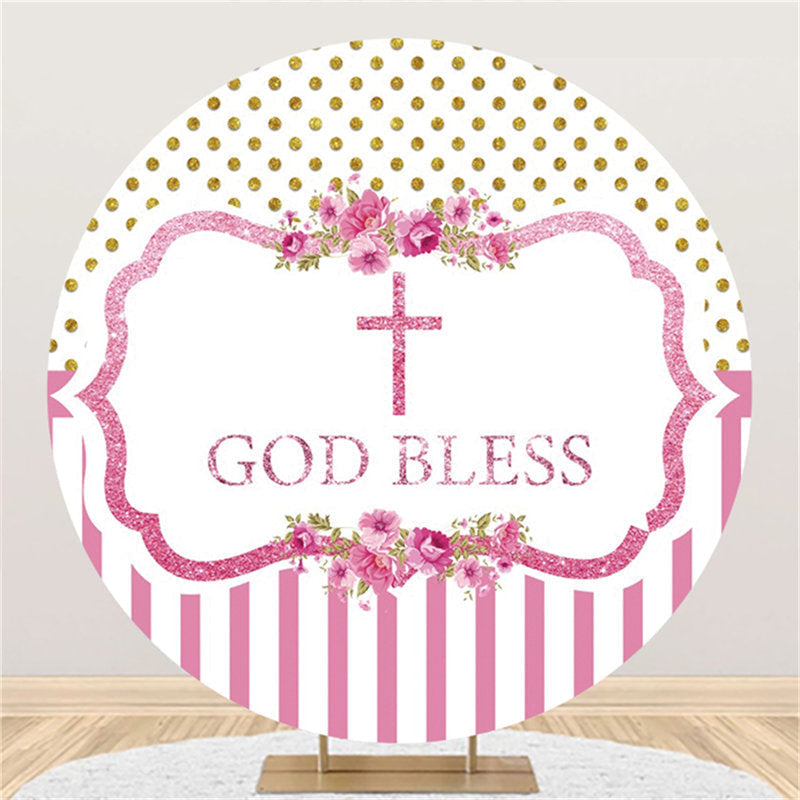 Pink Floral Glitter God Bless Round Baby Shower Backdrop -Lofaris