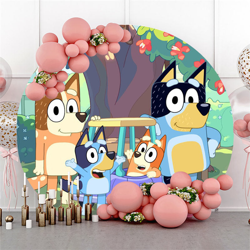 Red Floral Trees Round Birthday bluey backdrops - Lofaris