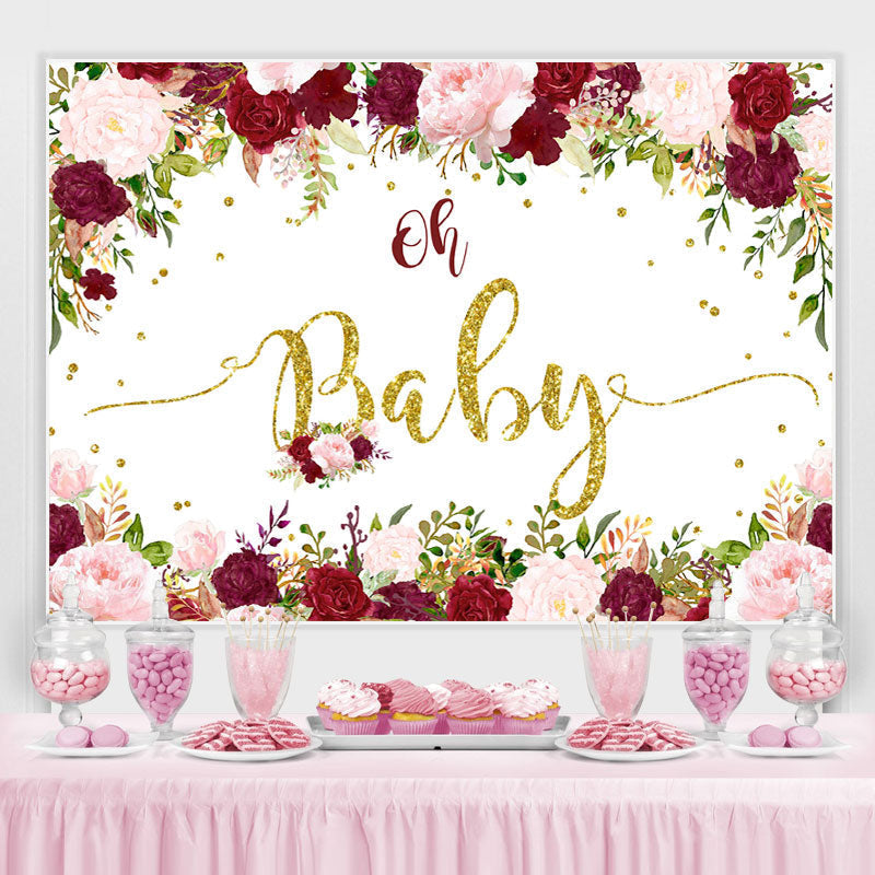 Red Floral with Glitter Baby Shower Backdrop For Girl – Lofaris