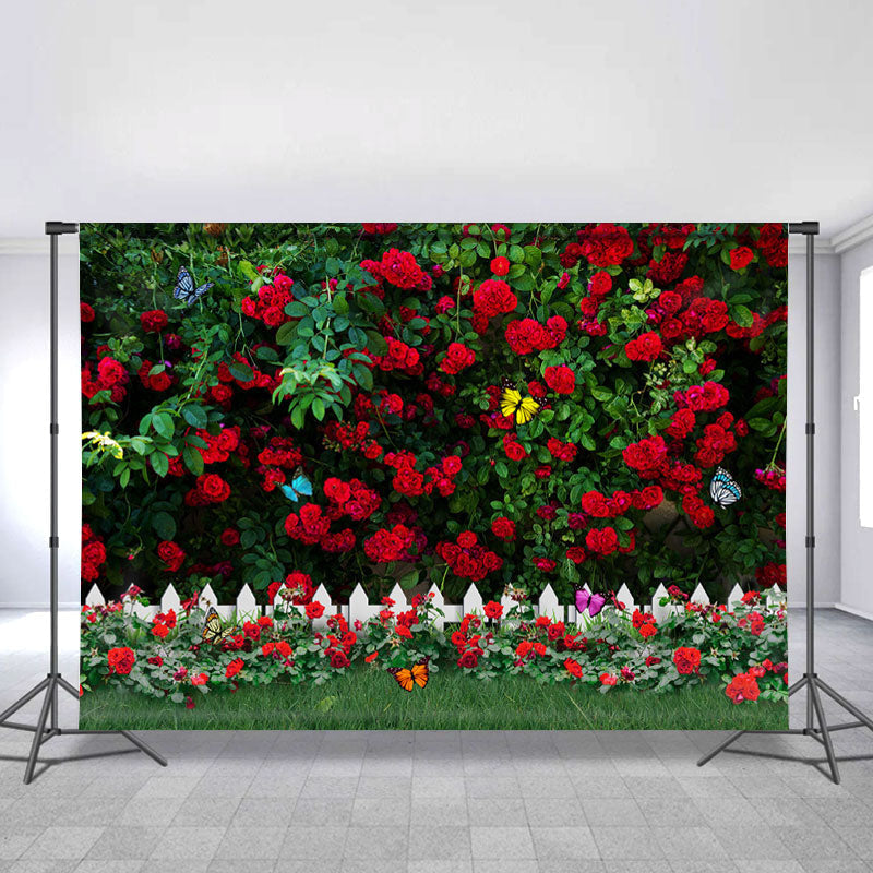 Red Rose Green Leaves Butterfly Garden Spring Backdrop – Lofaris