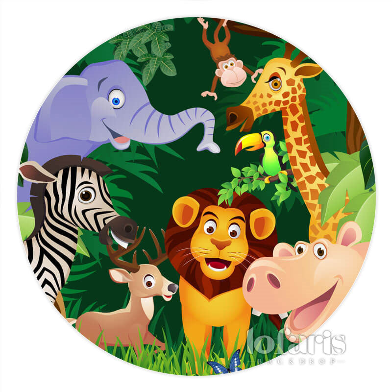 Safari Jungle Cartoon Animal Round Birthday Backdrop - Lofaris
