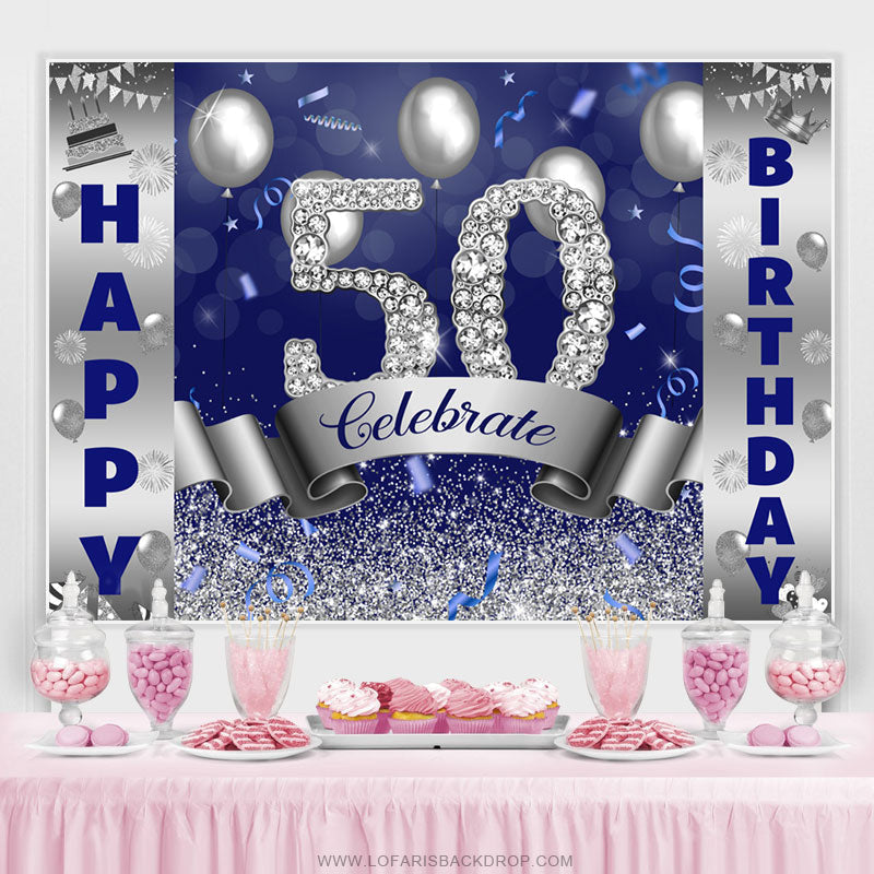 Silver And Blue Bokeh Glitter Happy 50th Birthday Backdrop – Lofaris