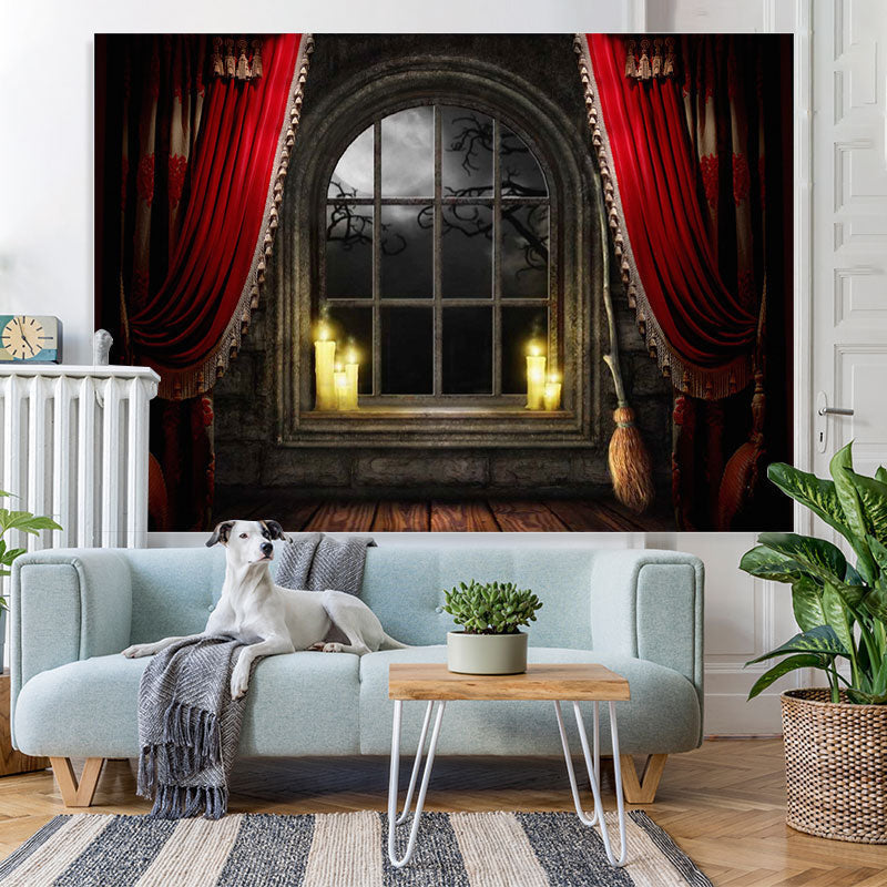 Spooky Night Window Red Curtain Halloween Theme Backdrop – Lofaris