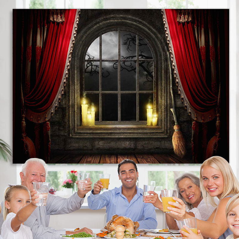 Spooky Night Window Red Curtain Halloween Theme Backdrop – Lofaris