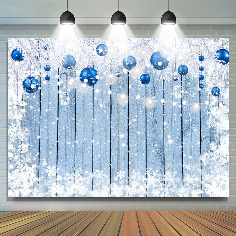 Lofaris White Blue Christmas Ball Wooden Snowy Winter Backdrop