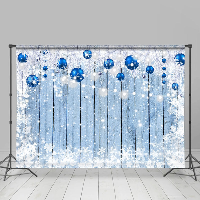 Lofaris White Blue Christmas Ball Wooden Snowy Winter Backdrop