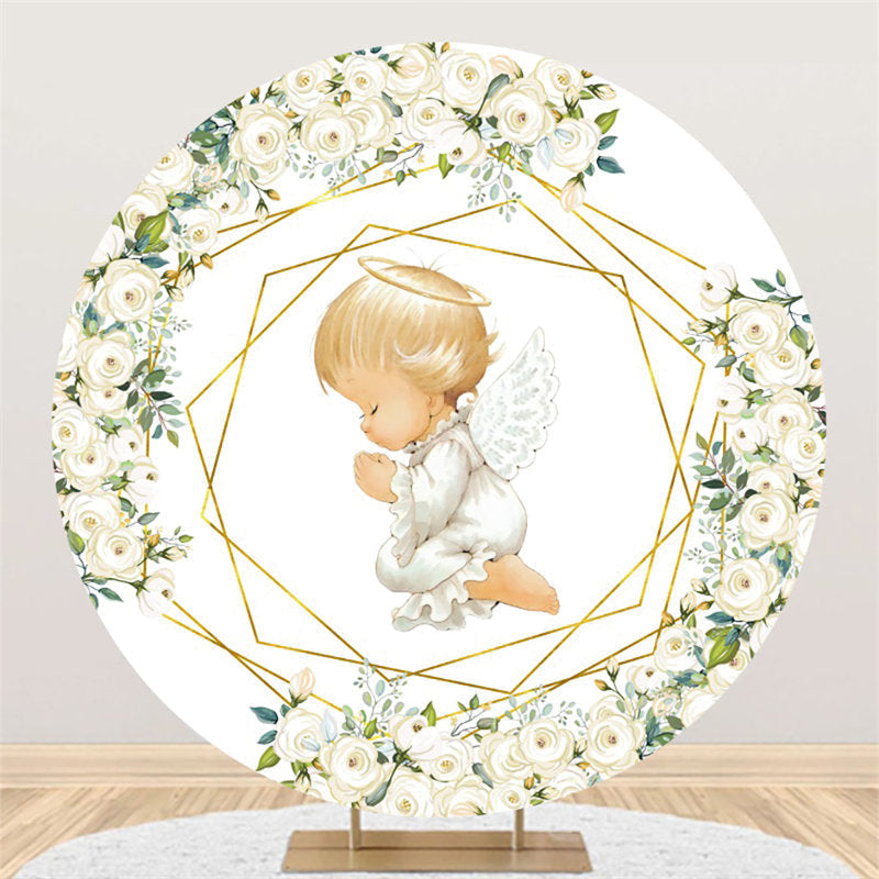 White Floral And Little Kids Round Baby Shower Backdrop -Lofaris