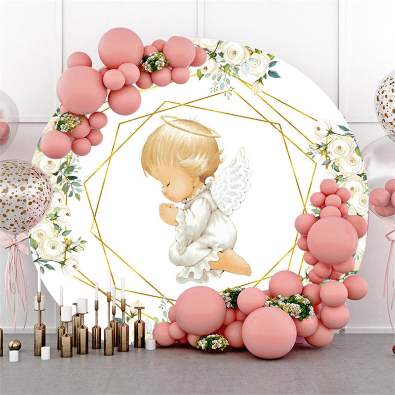 White Floral And Little Kids Round Baby Shower Backdrop -Lofaris