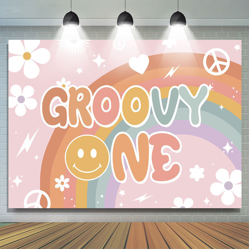 White Floral And Rainbow Pink Groovy One Birthday Backdrop – Lofaris